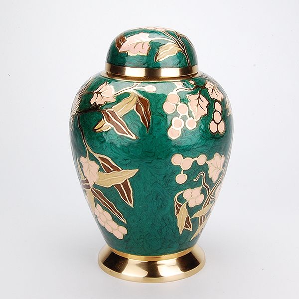 11716 Alpine Green With Pink Flowers Brass Metal Cremation Urn
